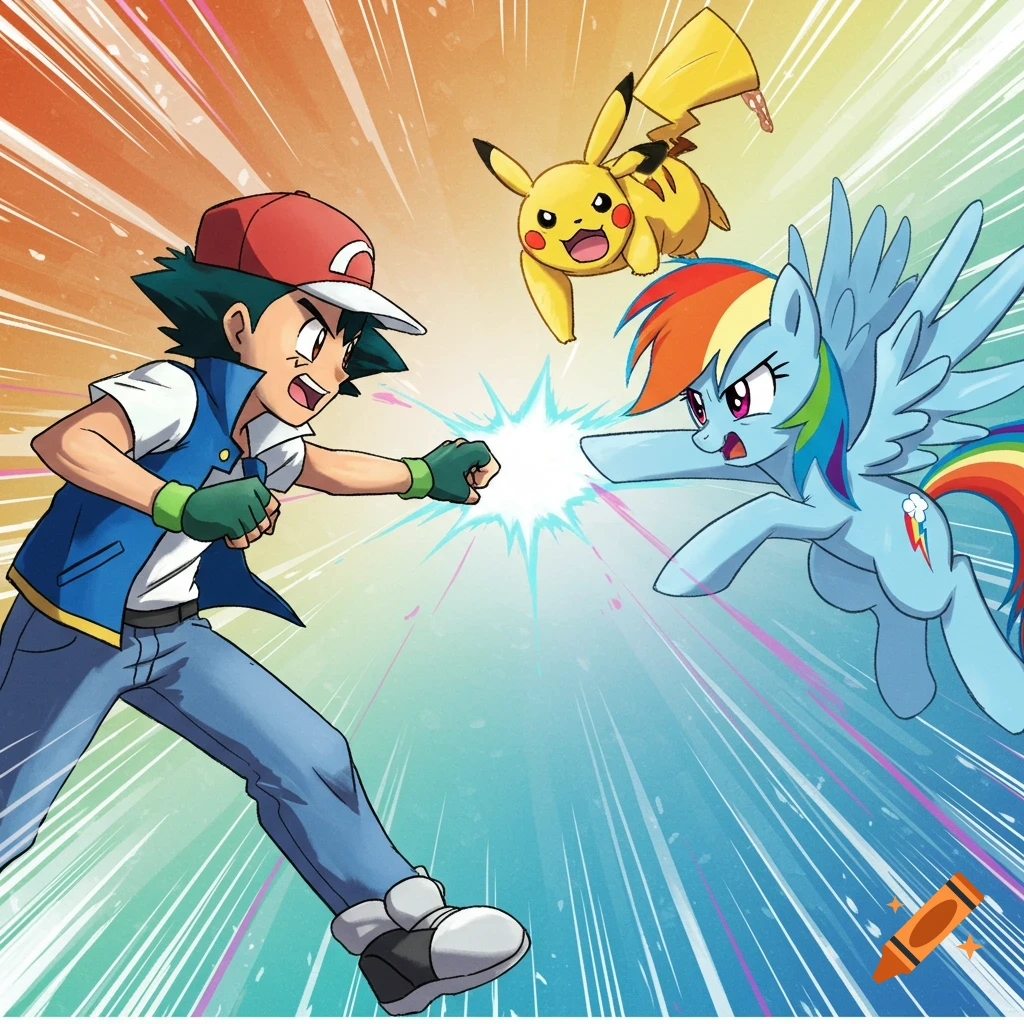 Ash Ketchum faces off against Rainbow Dash with Pikachu flying above in ...