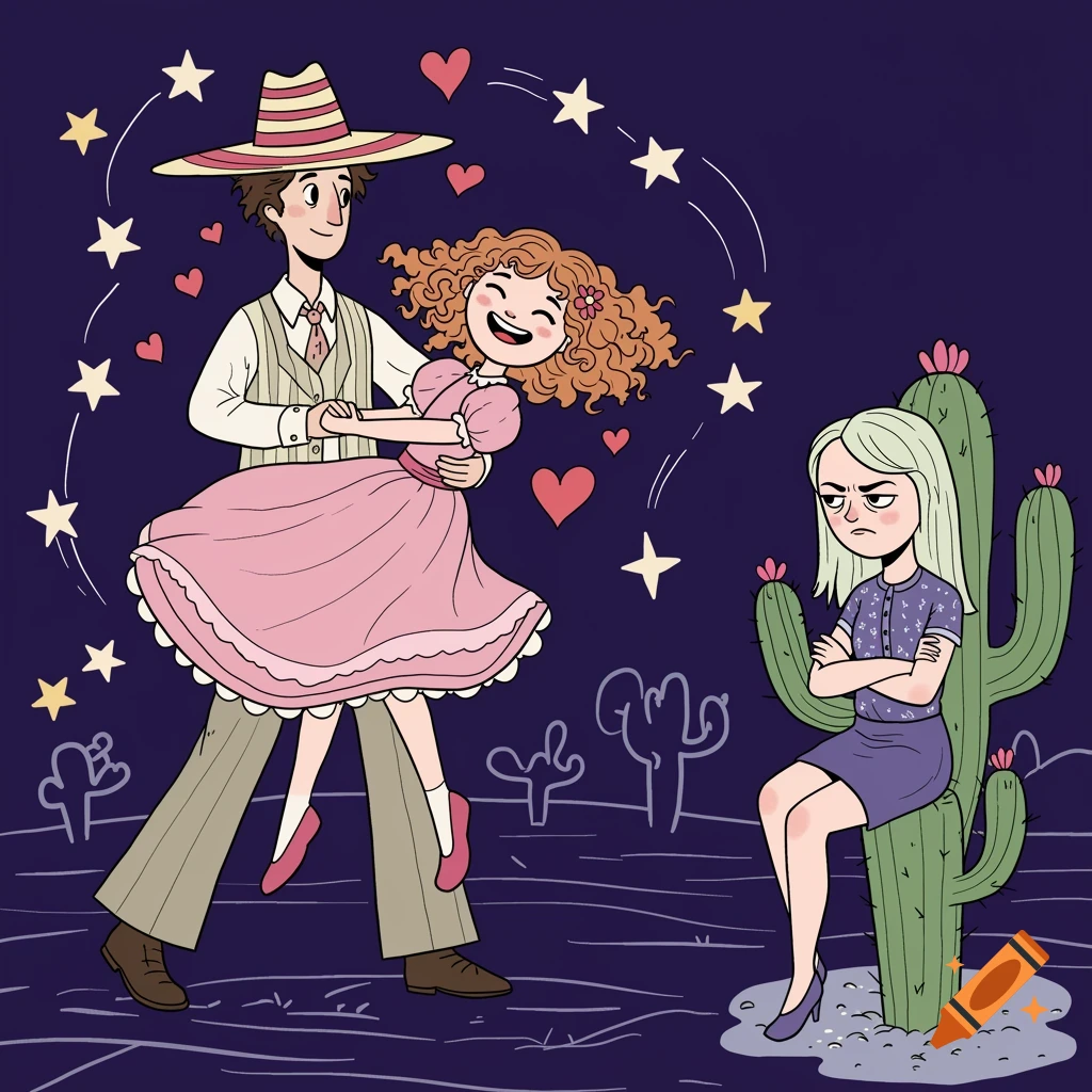 Illustration of a couple dancing under the stars while a woman sits ...