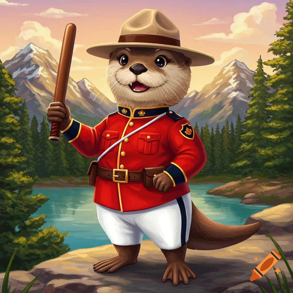 Cartoon otter dressed as a Canadian Mountie stands in a mountain ...