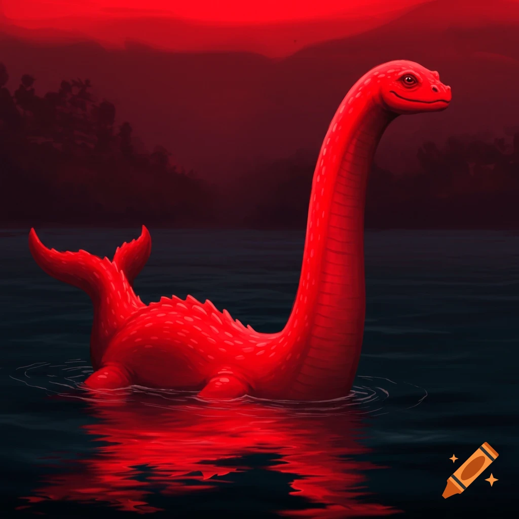 A red Loch Ness Monster-like creature in dark water with a red sky. on ...