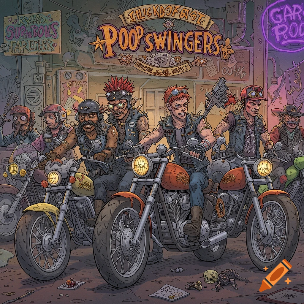 An illustration of a group of gritty cartoon characters riding ...