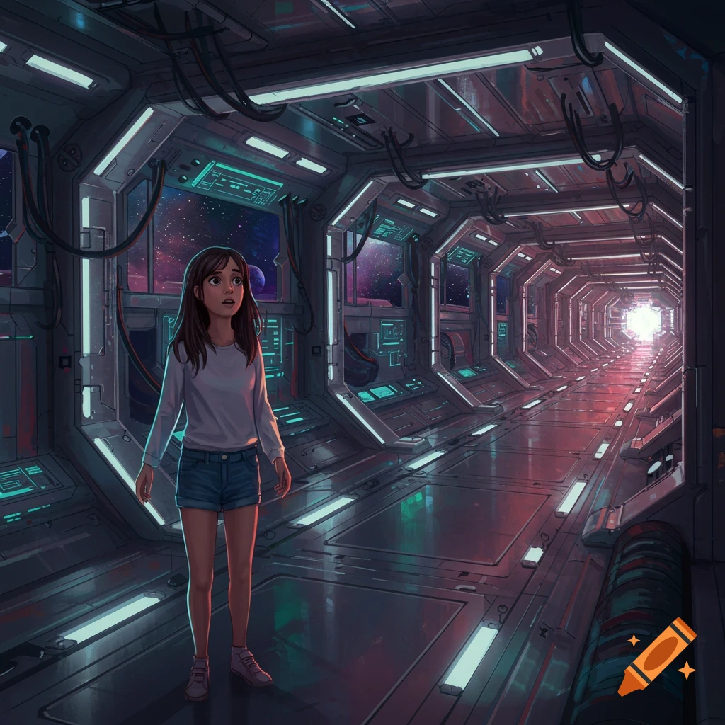 Girl on alien ship traveling to alien civilization in space on Craiyon