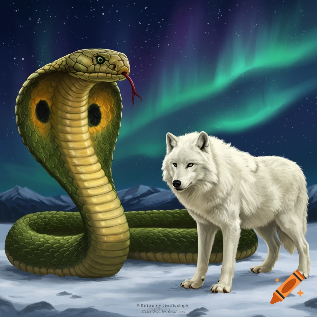 A large king cobra faces off against a white arctic wolf in a snowy ...