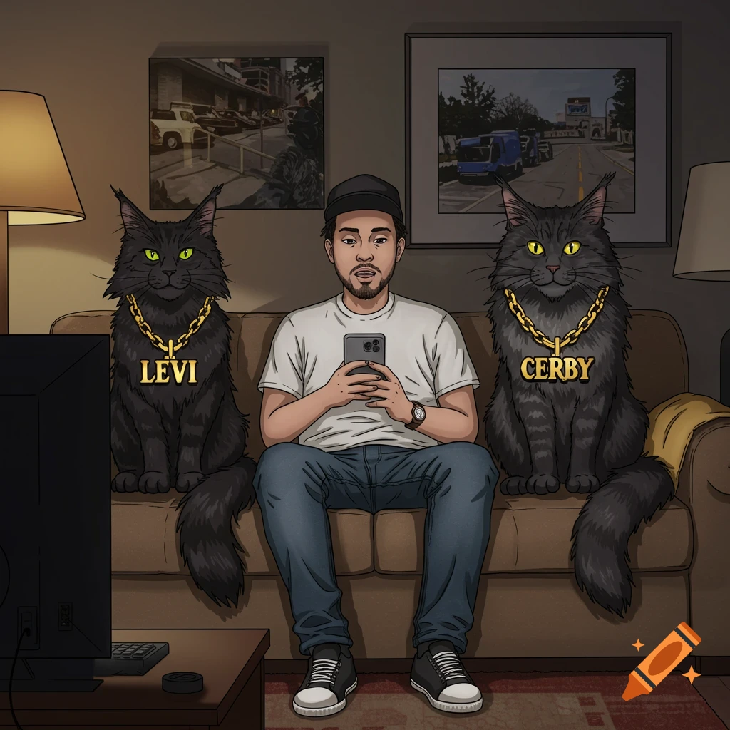 A man on a couch with two Maine Coon cats wearing hip hop chains on Craiyon