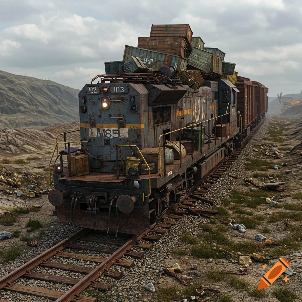 A rusty, heavily loaded train sits on a track in a desolate landscape ...