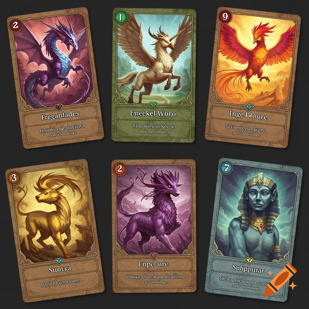 A blank trading card template with spaces for art, text, and stats, styled like a fantasy game ...