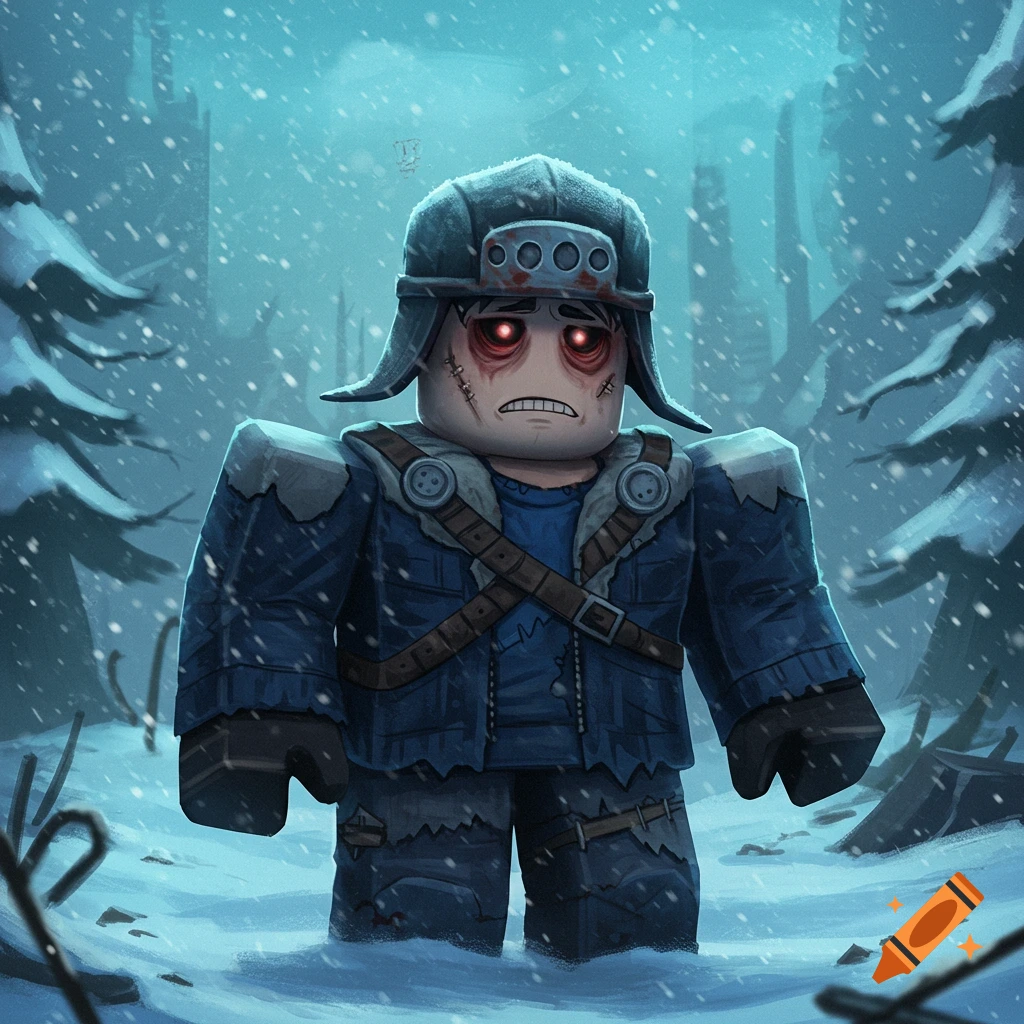 An angry, beast-like snowman with glowing red eyes and a green scarf ...