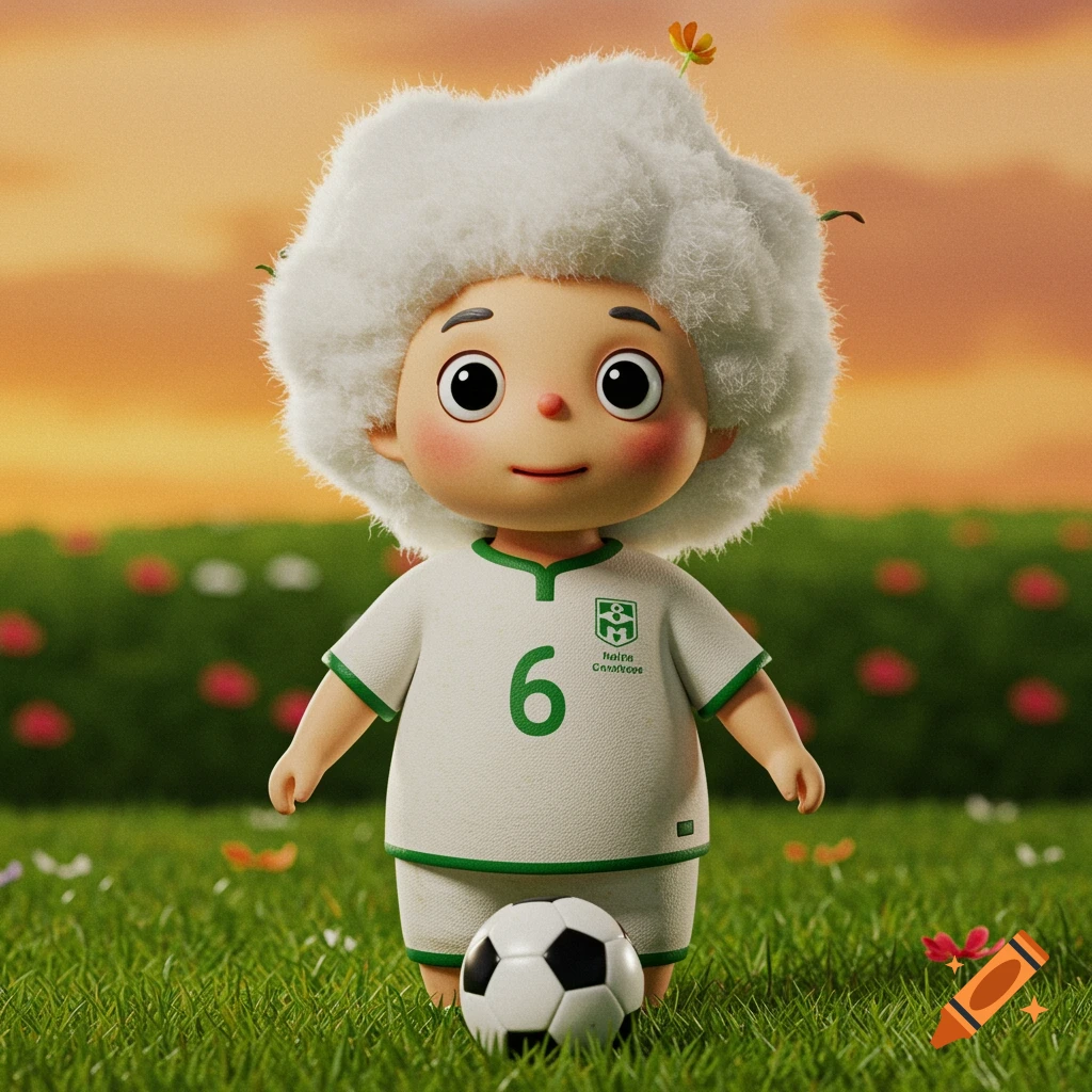 A cute, stylized character with white fluffy hair wearing a soccer ...