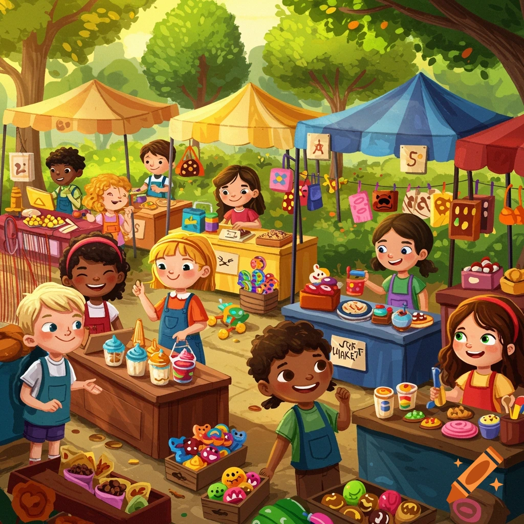 Colorful illustration of children selling goods at an outdoor market. on Craiyon