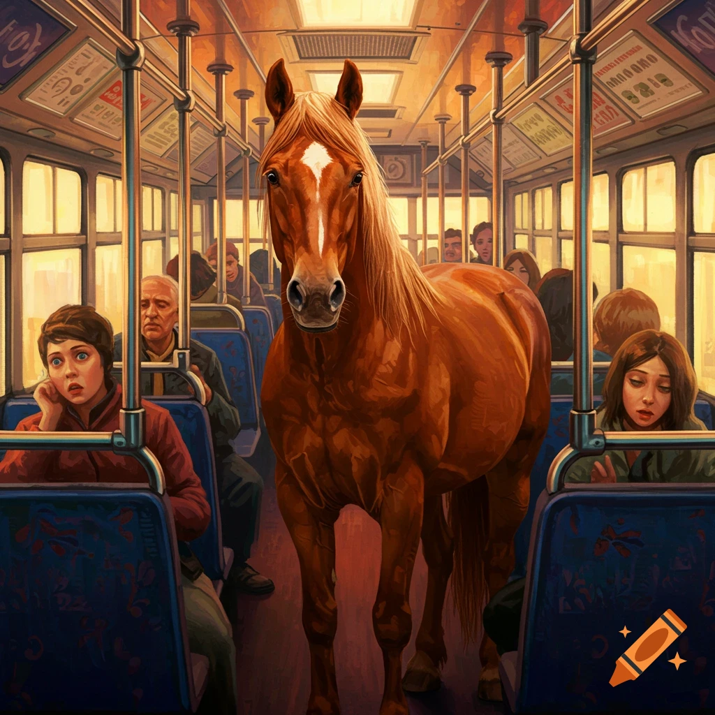 A large brown horse stands in the aisle of a bus with surprised ...