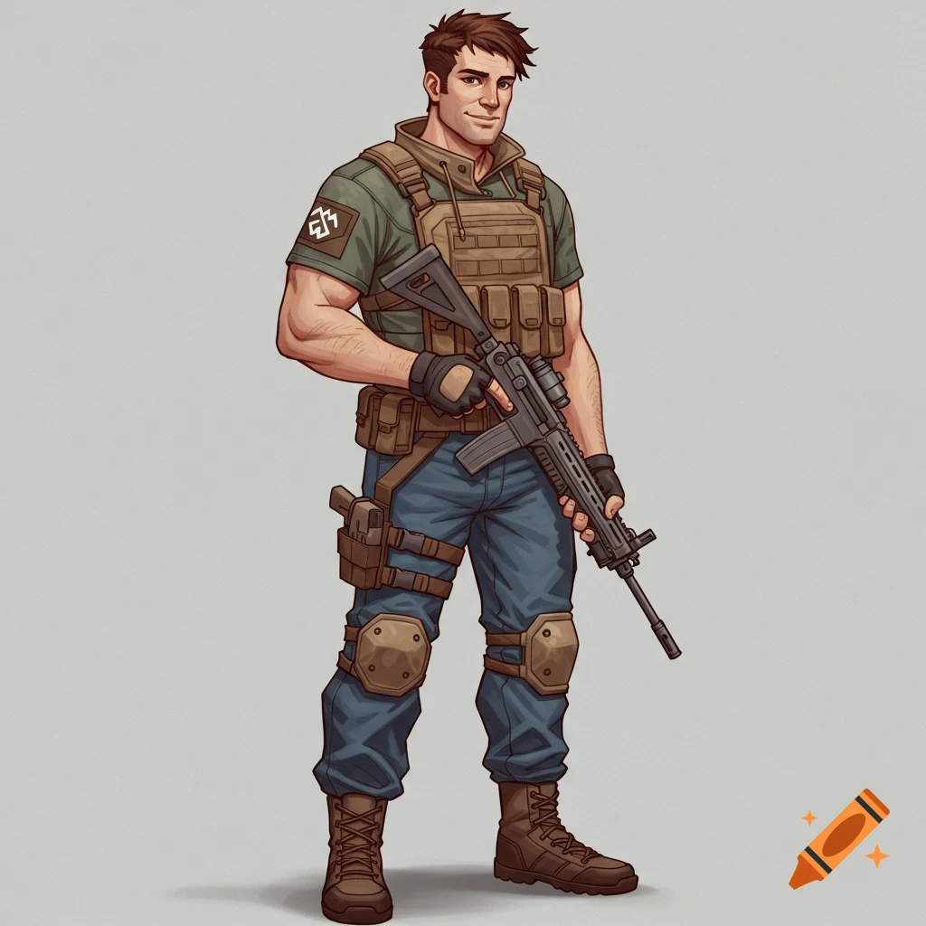 Illustrated character of a man in tactical gear, jeans, and boots ...