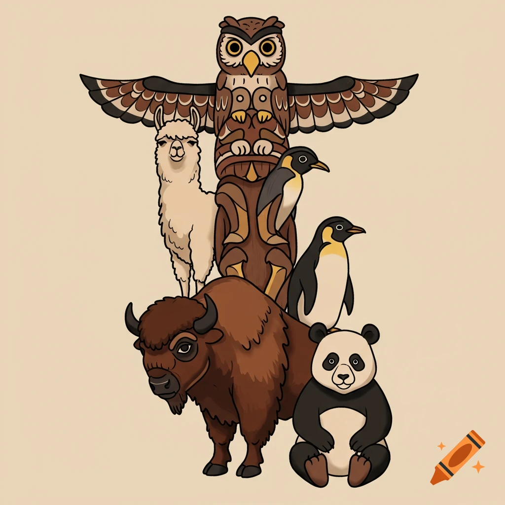 Illustration of a totem pole with a lion, bee, swan, and seagull on Craiyon