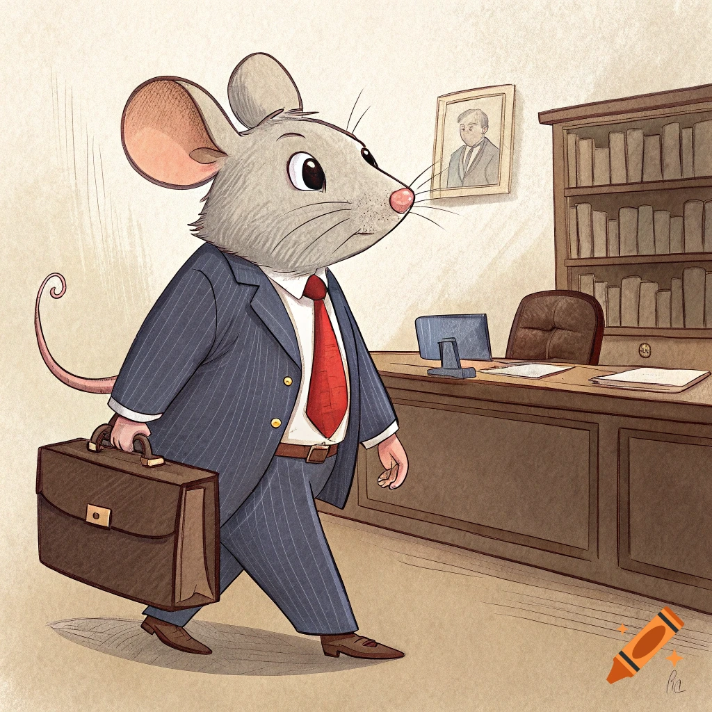 Cartoon illustration of a mouse in a suit holding a briefcase walking ...
