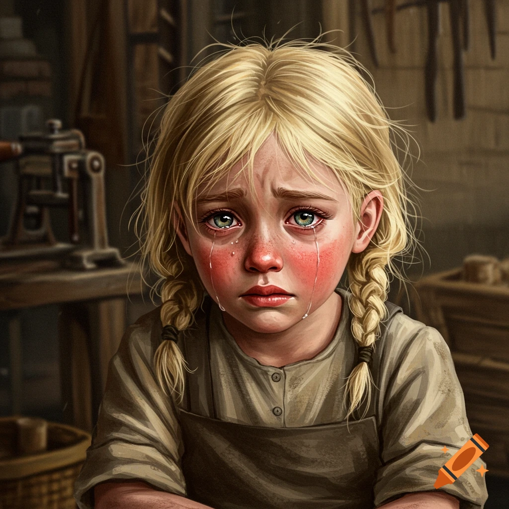 Little girl from the 1800s crying over child labor on Craiyon