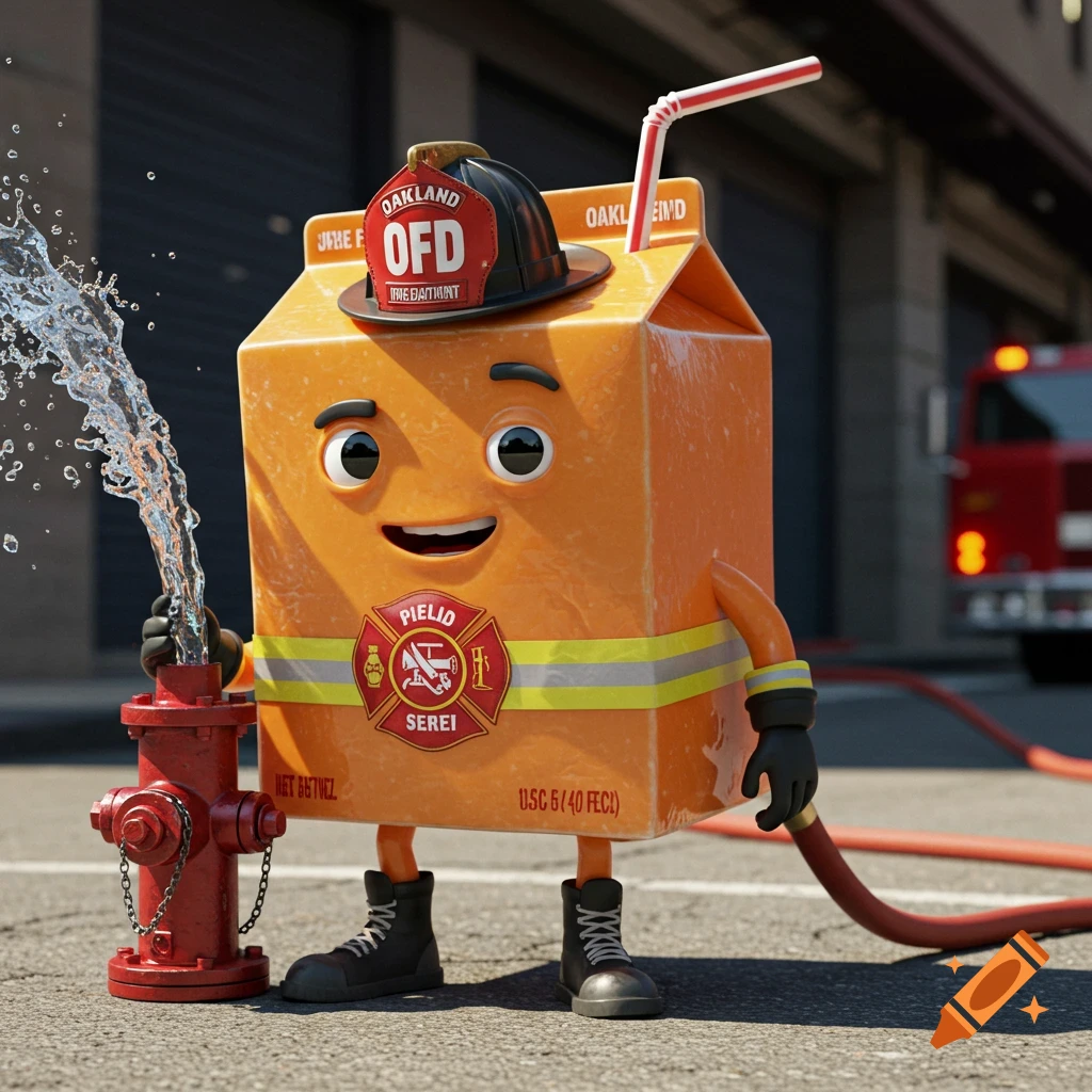 Juice box cartoon firefighter with OFD logo on Craiyon