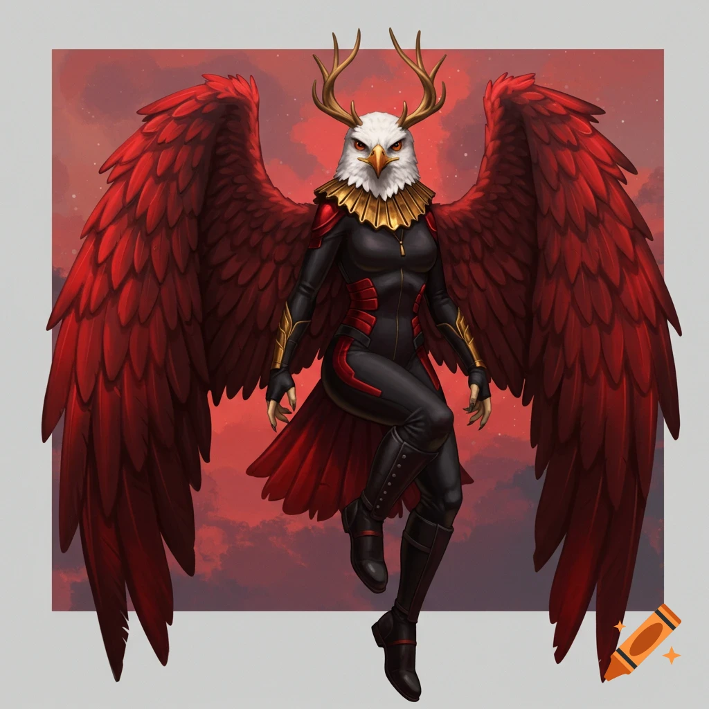 An anthropomorphic eagle character with antlers and large red wings ...