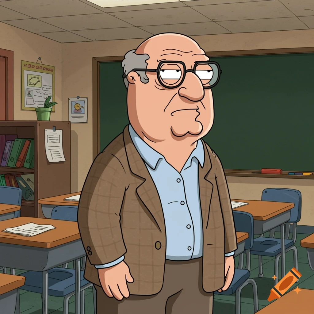 An old, fat teacher with glasses drawn in Family Guy style on Craiyon