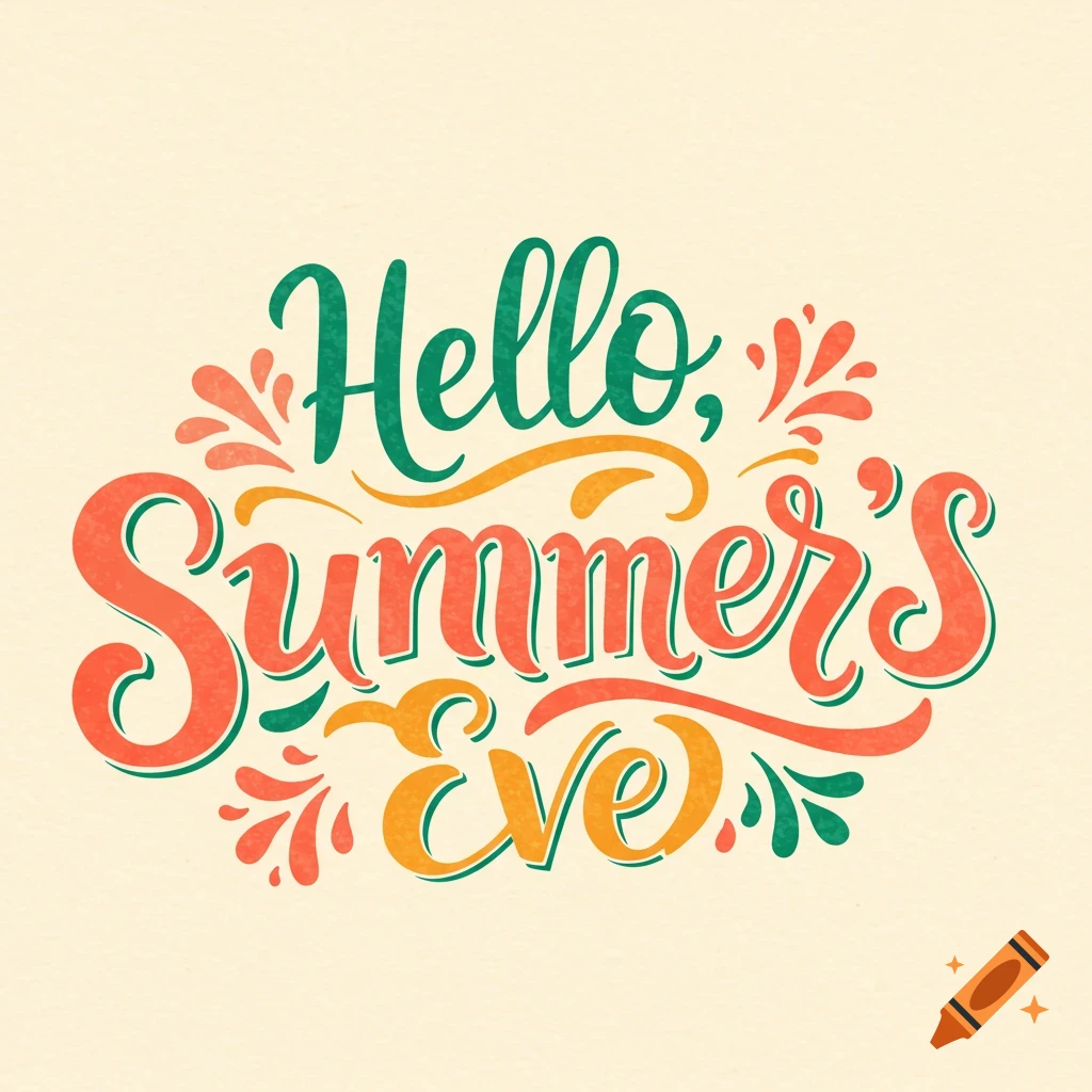 Fancy lettering says 'Hello, Summer's Eve' in green, orange, and red ...