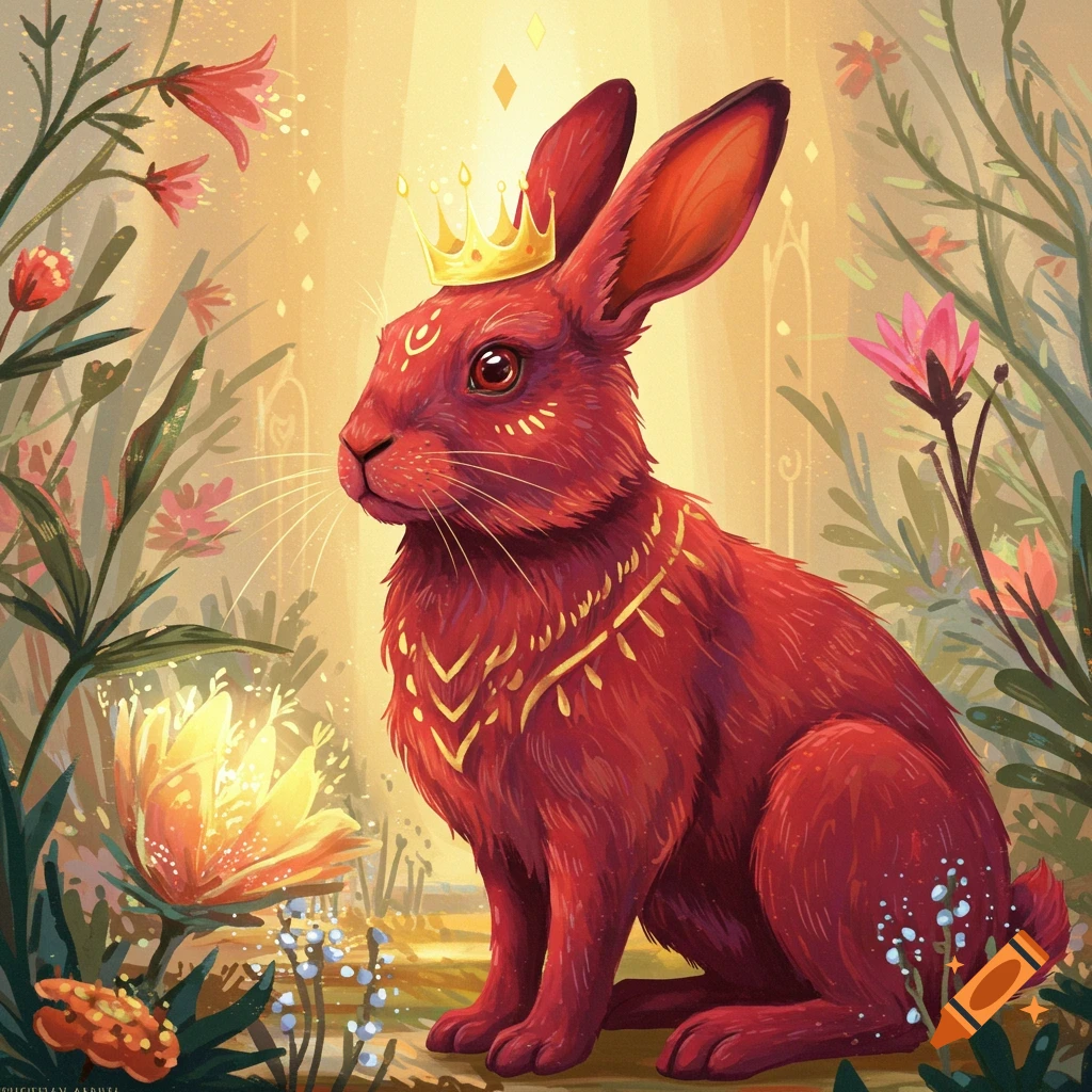 Red rabbit with a gold crown sits in a glowing garden, illustrated. on ...