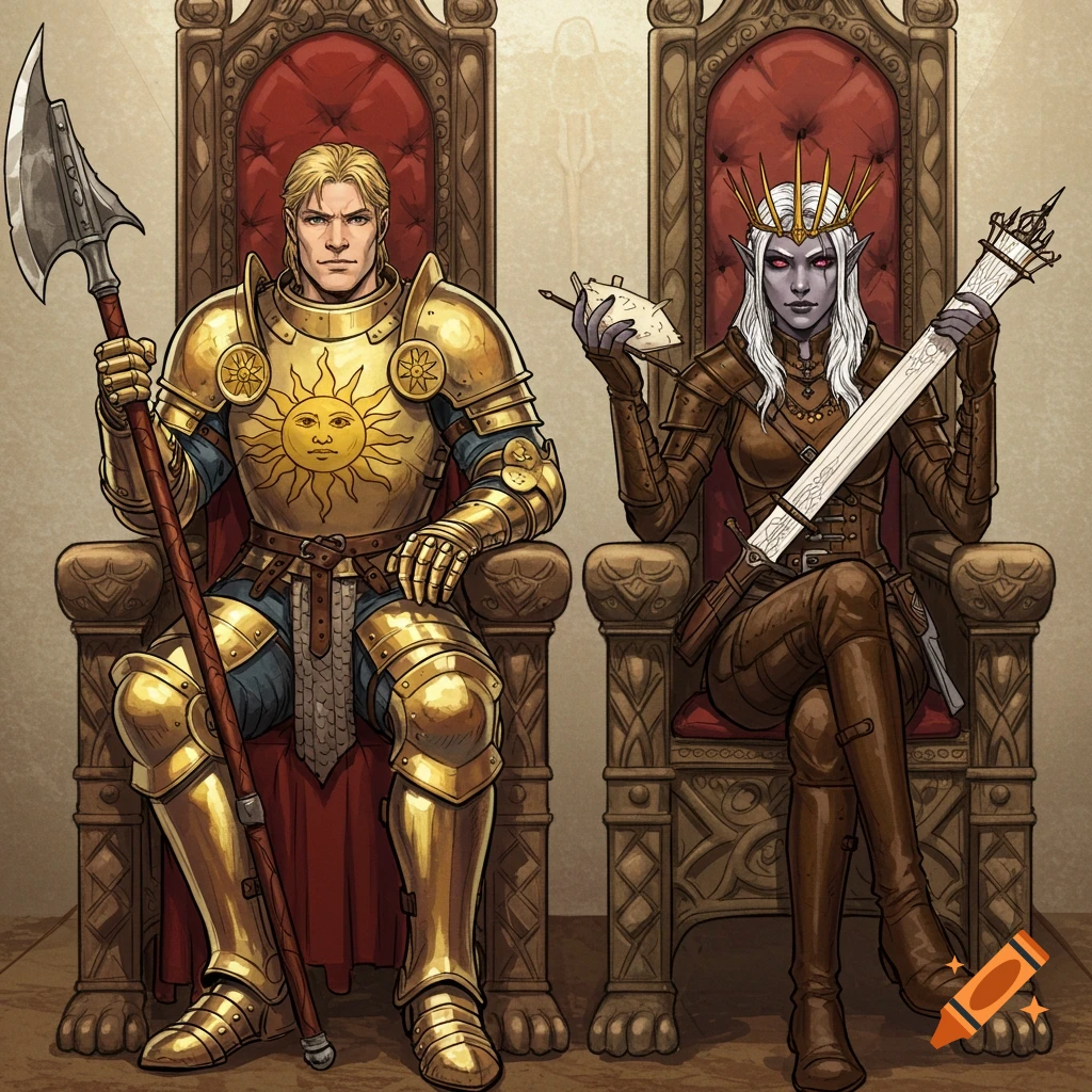 Illustration of a knight standing with a sword next to a demon on Craiyon