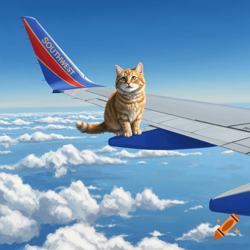 An orange tabby cat sits on the wing of a Southwest Airlines airplane ...