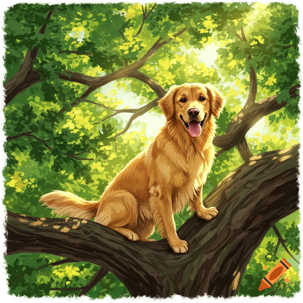 Two golden retrievers by a campfire and tent in a forest at sunset ...