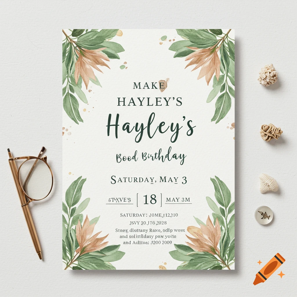 Pool party themed 18th birthday invitation with boho, sage, green, and ...