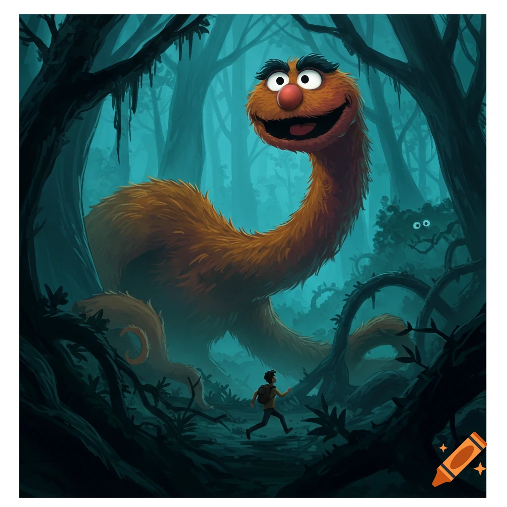 A giant furry monster resembling Snuffleupagus in a dark forest chases ...