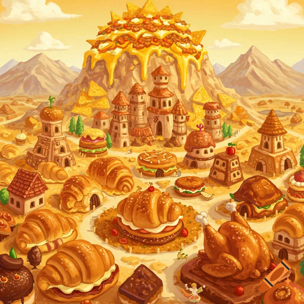 Whimsical illustration of a fantasy landscape made of food, featuring a ...