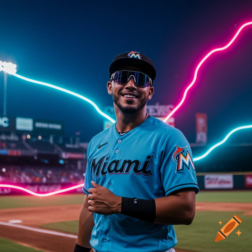 Miami Marlins baseball player in uniform and sunglasses on a field with ...