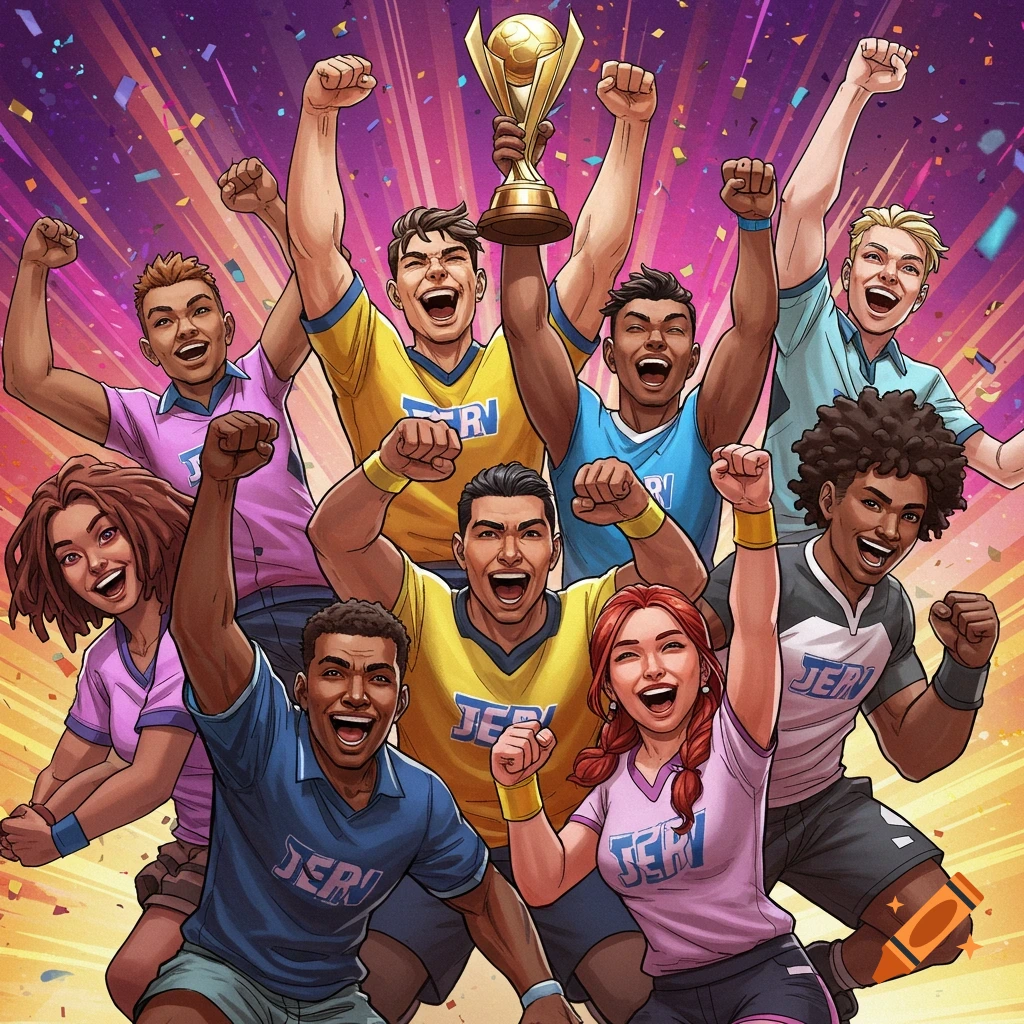 Cartoon illustration of a diverse group celebrating a victory with a ...