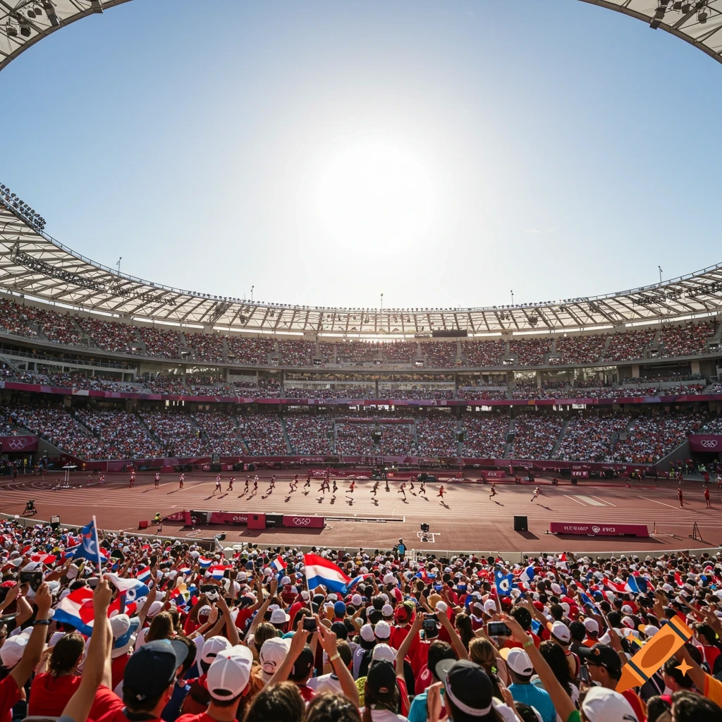 A crowded stadium hosts a track and field event with athletes and ...