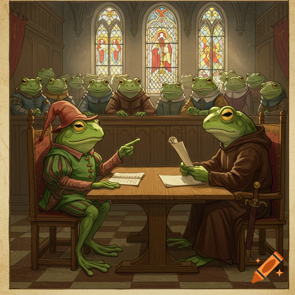 Illustration of frogs in a medieval court, two frogs at a table, others watching. on Craiyon