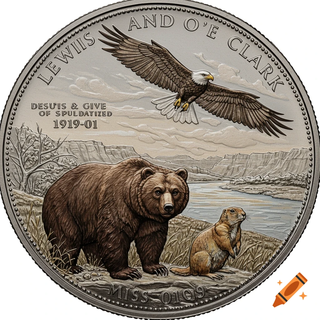 Coin depicting the Lewis and Clark Expedition with a grizzly bear ...