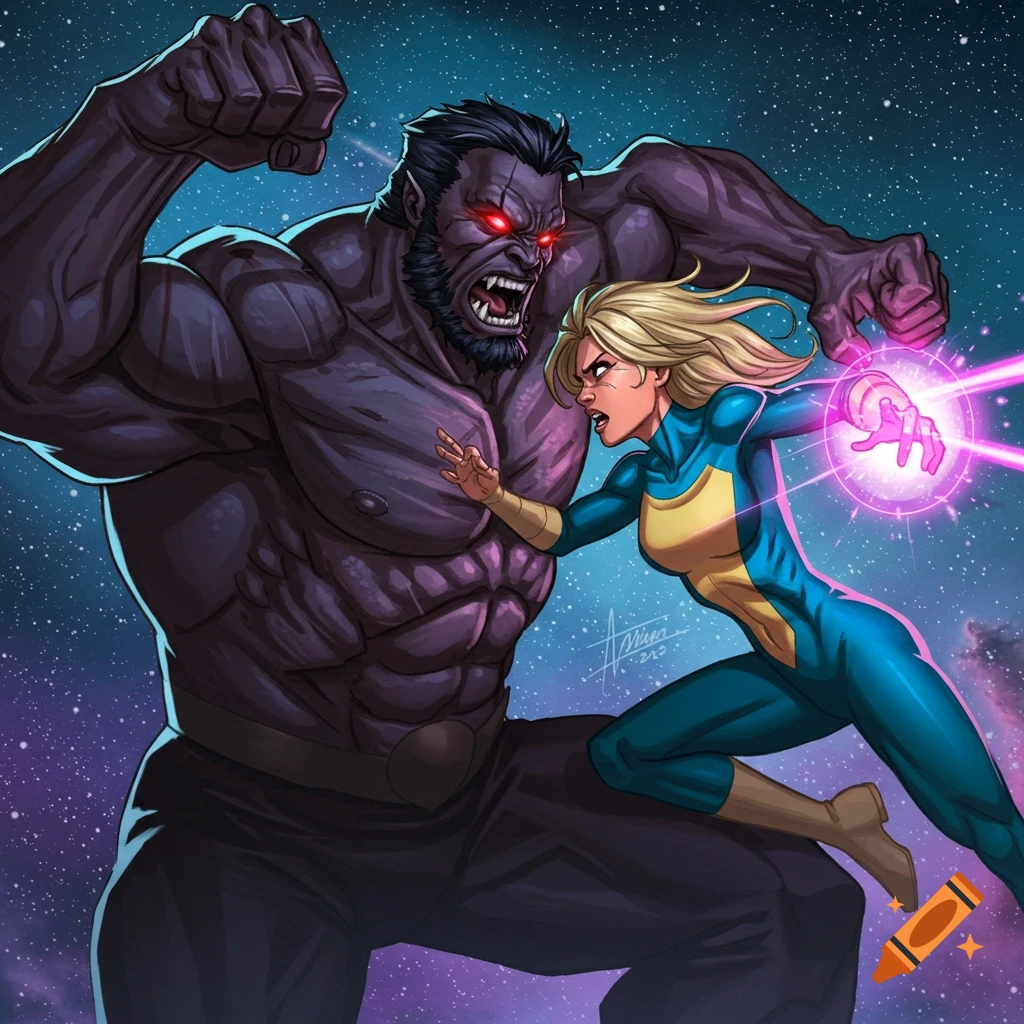 Comic art of a superheroine in blue and yellow fighting a large monster ...