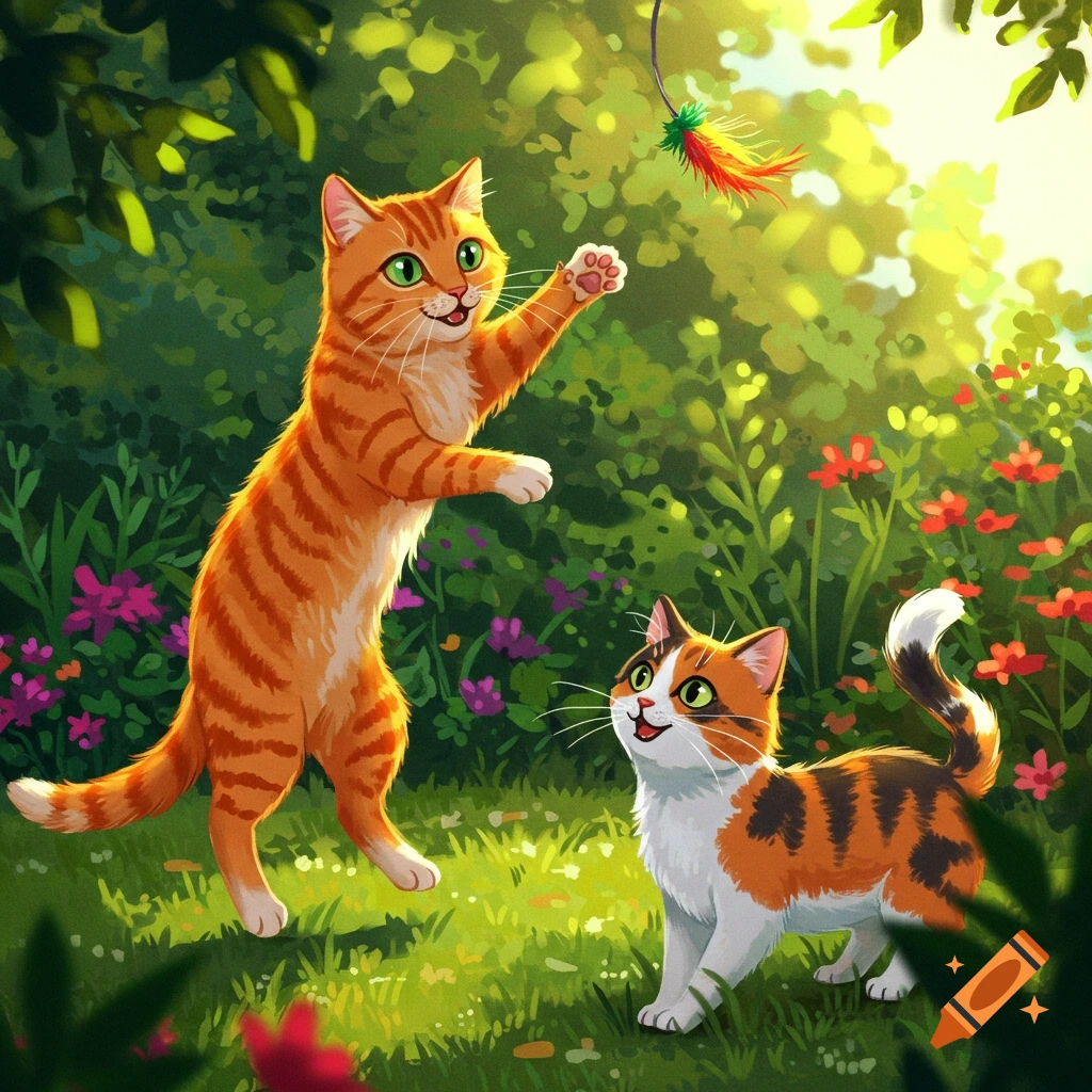 Two cartoon cats playing with a toy in a sunny garden. on Craiyon