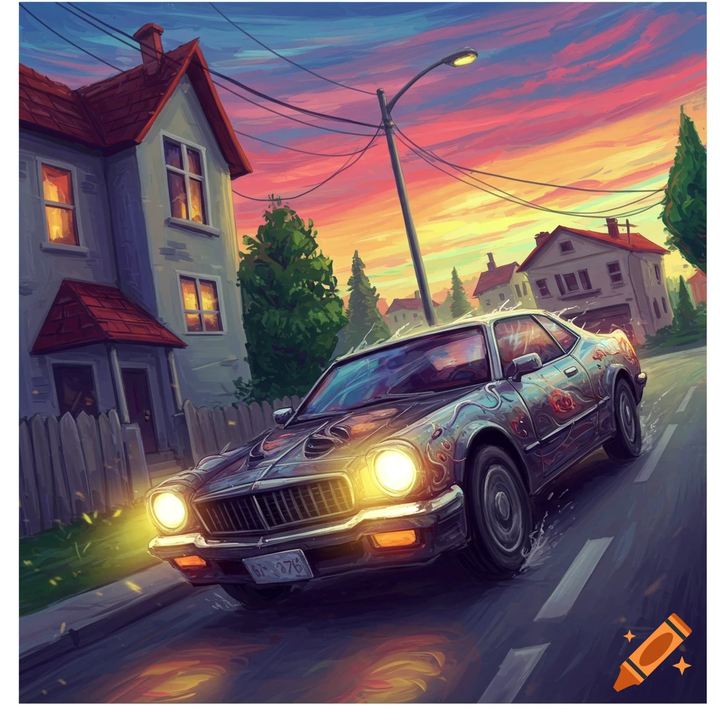 Stylized painting of a vintage car driving down a street through a ...