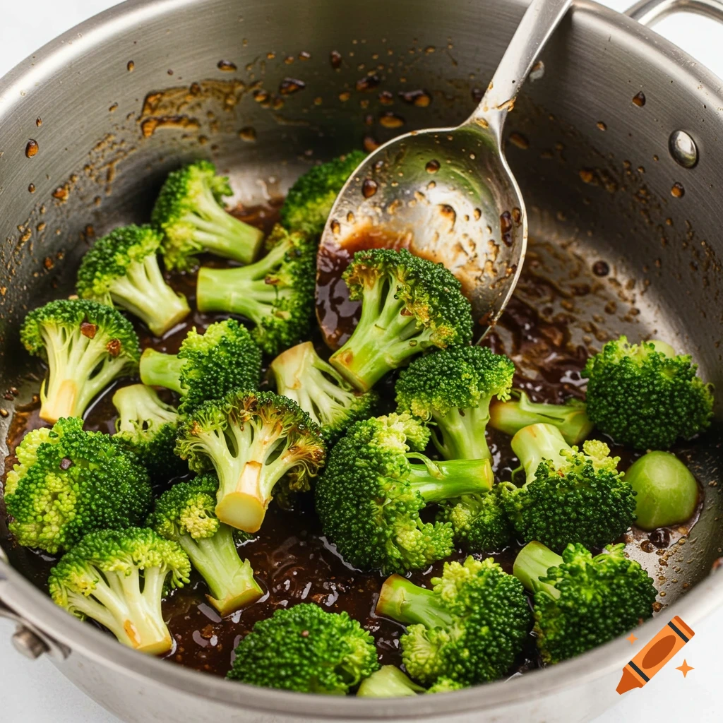 Sautéed broccoli with dark brown sauce in a stainless steel pot. on Craiyon