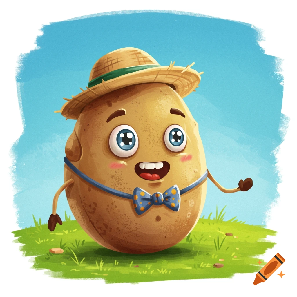 A cartoon potato character wearing a straw hat and a blue bow tie ...