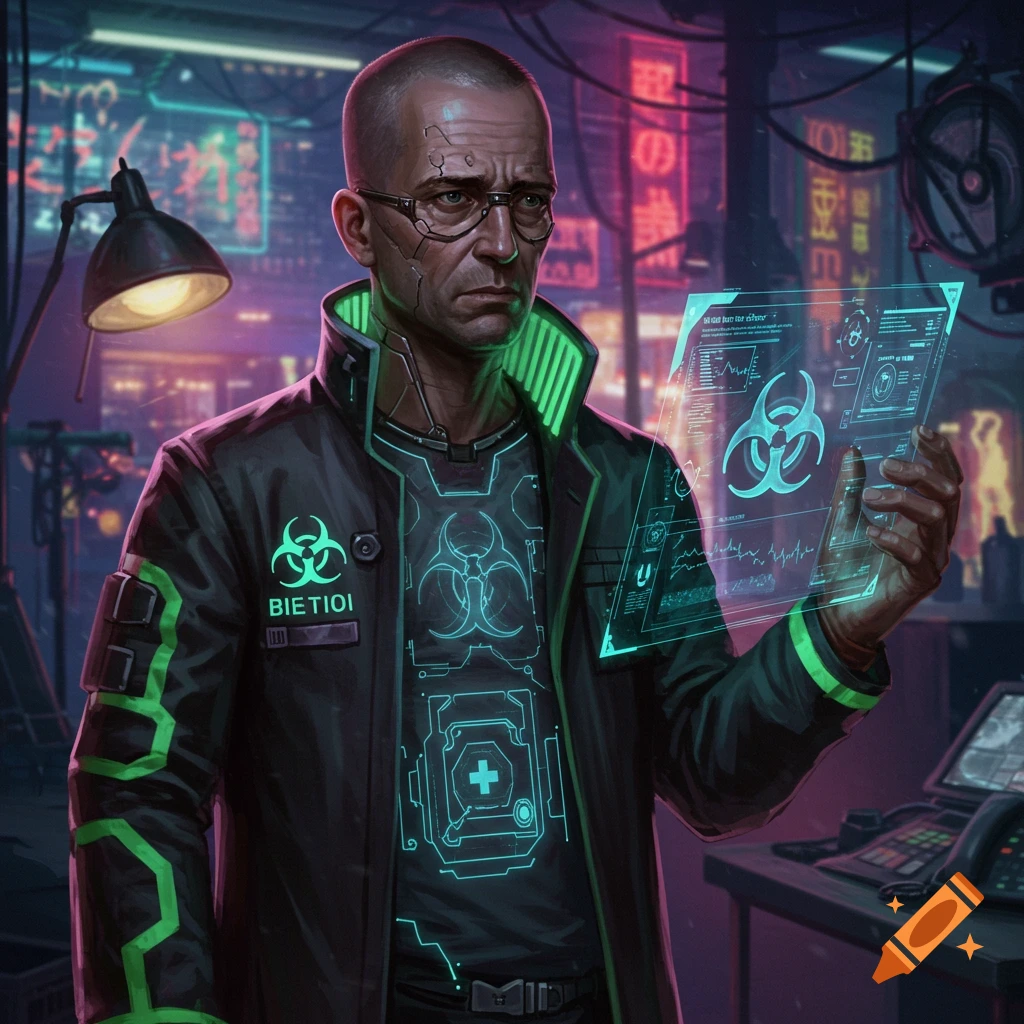A cyberpunk doctor holding a glowing holographic tablet. on Craiyon