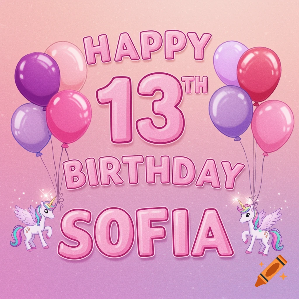 Happy 13th Birthday Sofia card with pink and purple balloons and ...