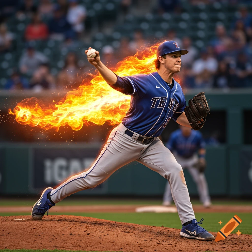 Photorealistic image of a baseball pitcher throwing a flaming ball ...