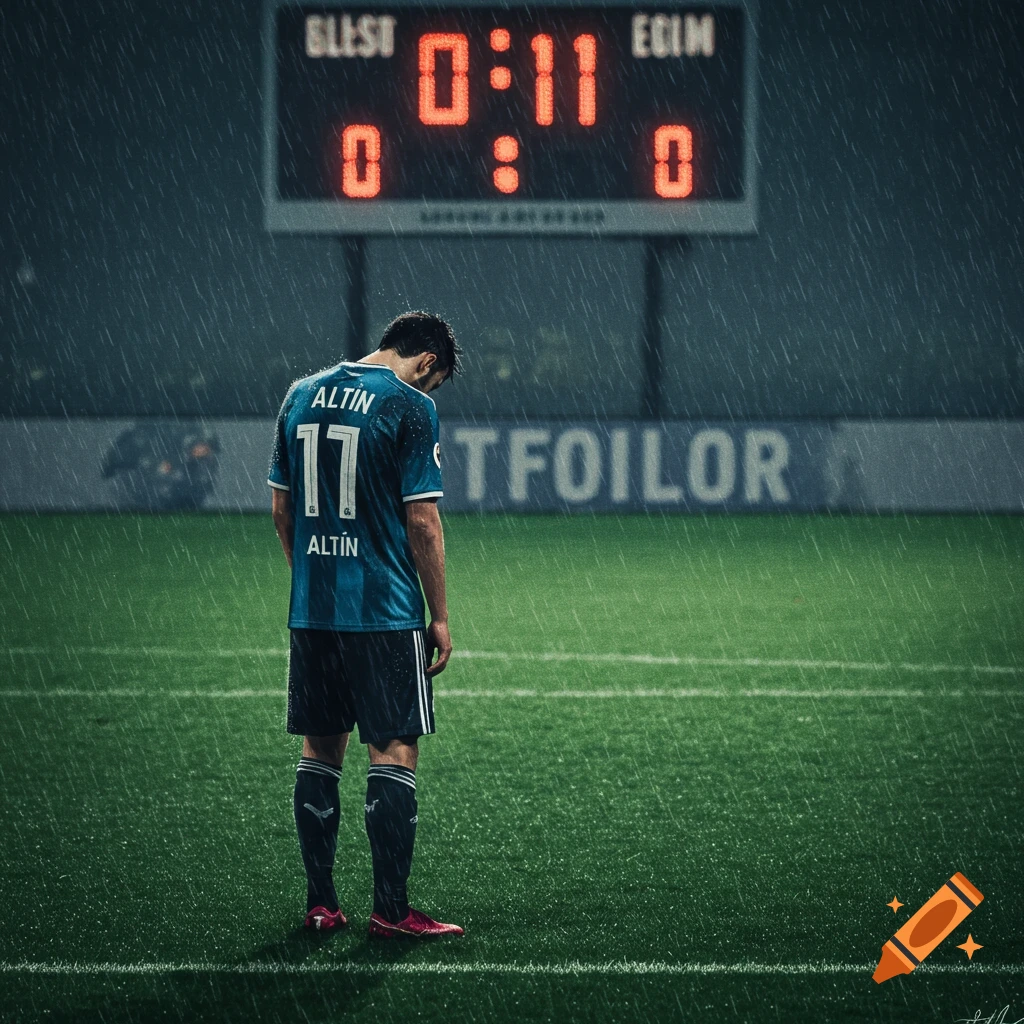 Sad soccer player in the rain with 0-11 scoreboard on Craiyon