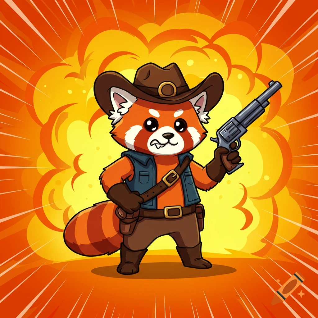 Cartoon red panda dressed as a cowboy, holding a pistol with an ...