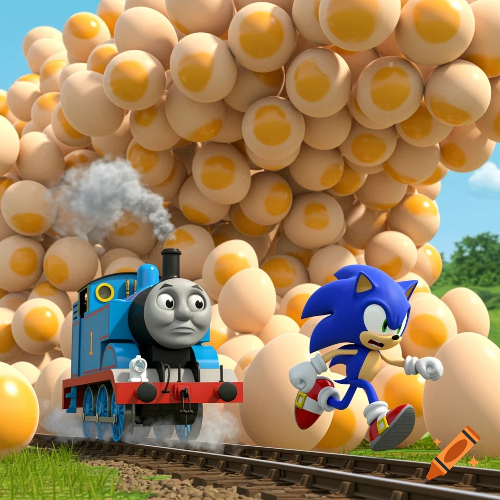Thomas the Tank Engine and Sonic run from a large army of eggs in a 3D ...
