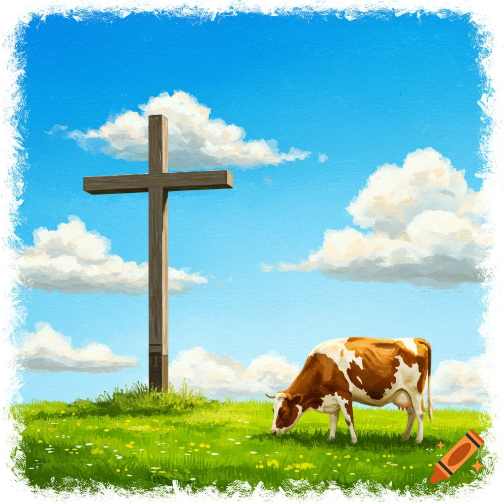 A wooden cross stands by a highway under a blue sky with clouds. on Craiyon