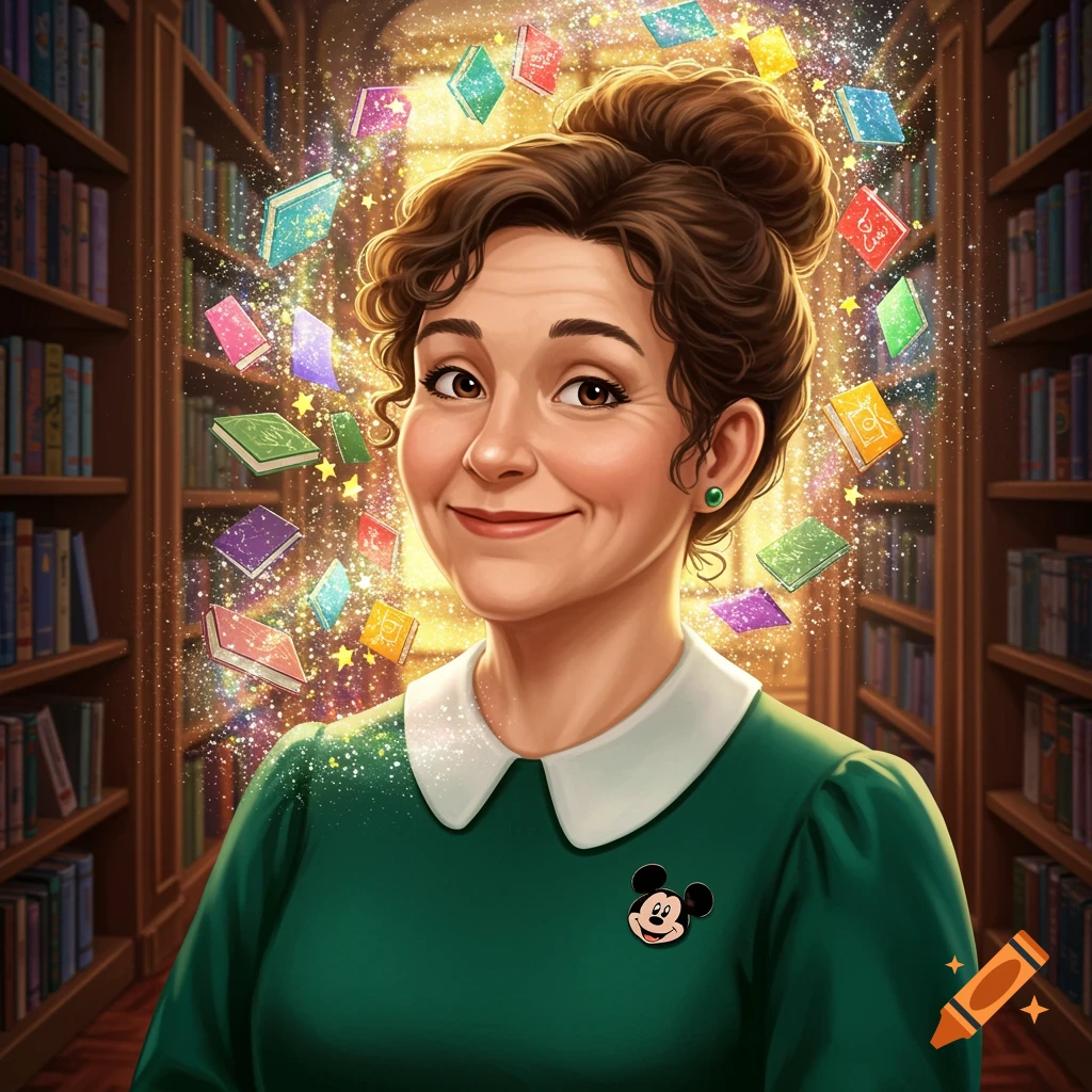 Smiling woman in a library with magical floating books and a Mickey ...