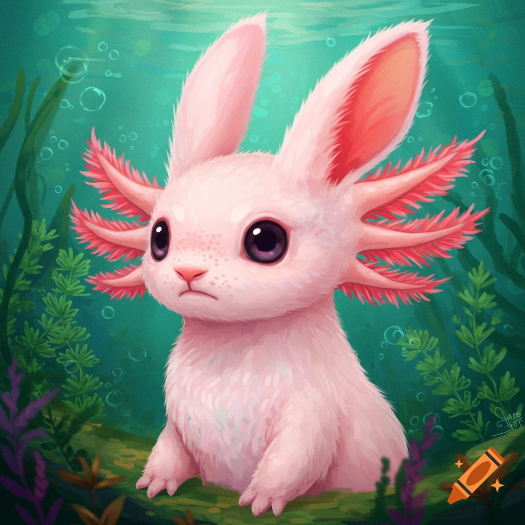 Cute pink axolotl rabbit hybrid underwater with bubbles and plants. on ...