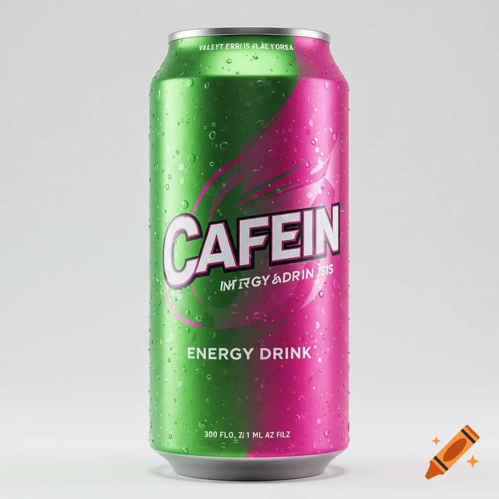 A photorealistic image of a green and pink energy drink can covered in ...