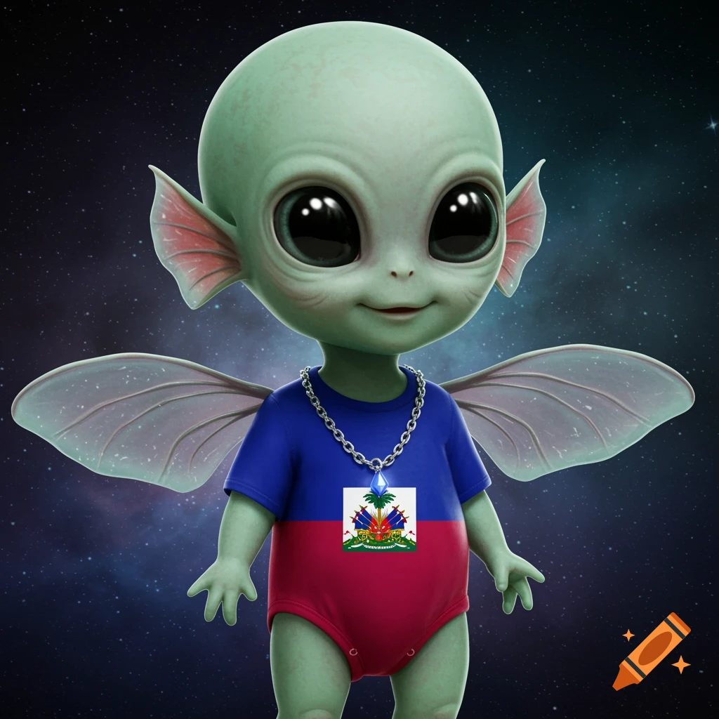 Cute baby alien with wings wearing a Haitian flag onesie and necklace ...
